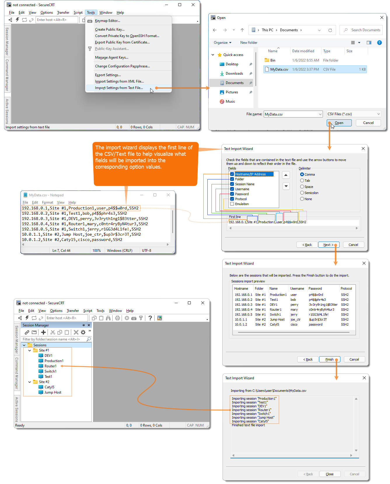 How To Import SecureCRT Sessions From CSV Text File Data Using The Text